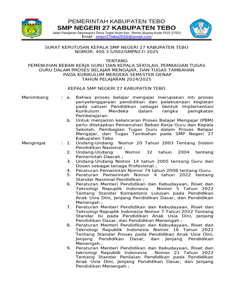 SK Pembagian Tugas Semester Genap 2024-2025 | PDF