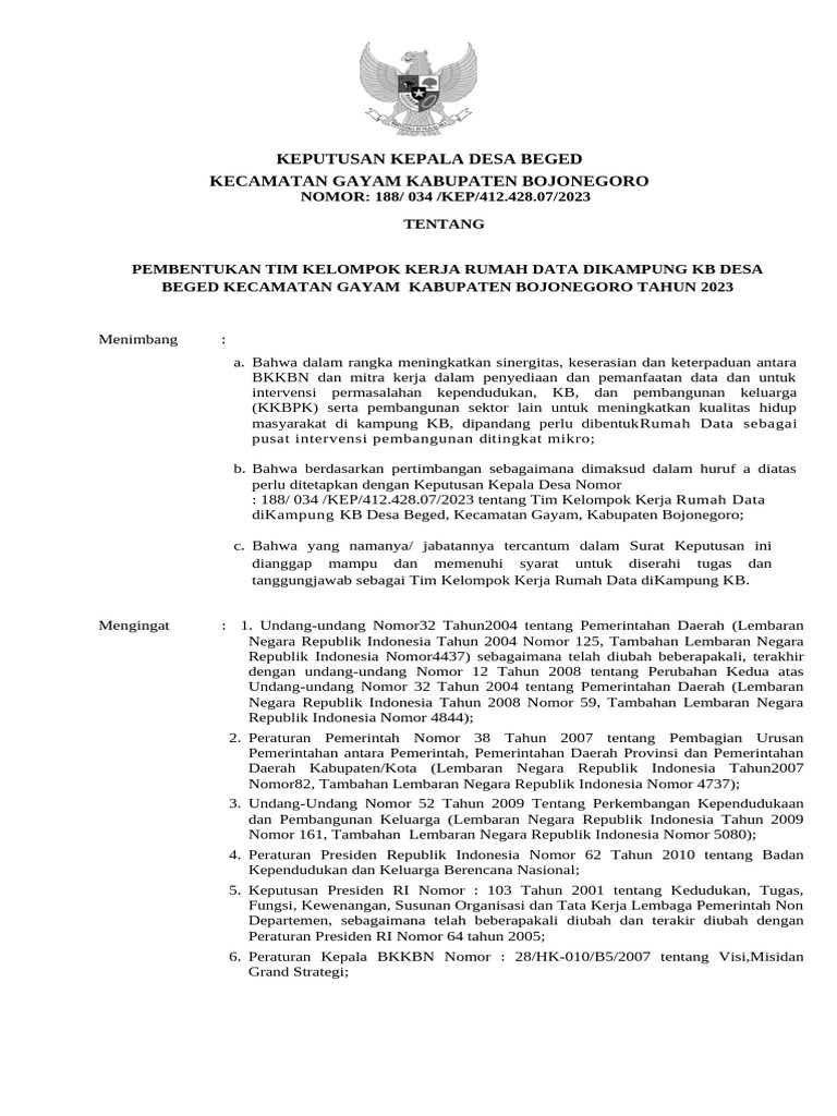 Pembentukan Tim Rumah Data Kampung KB | PDF