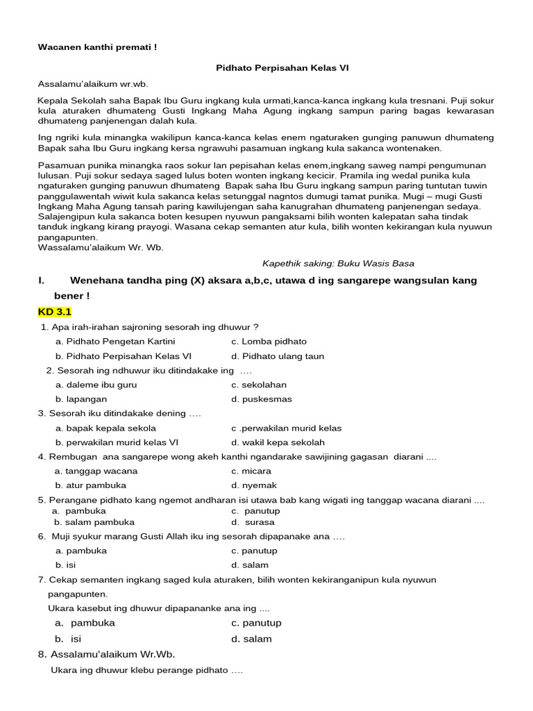 Soal PTS 2 Bahasa Jawa Kelas 6 K13 | PDF