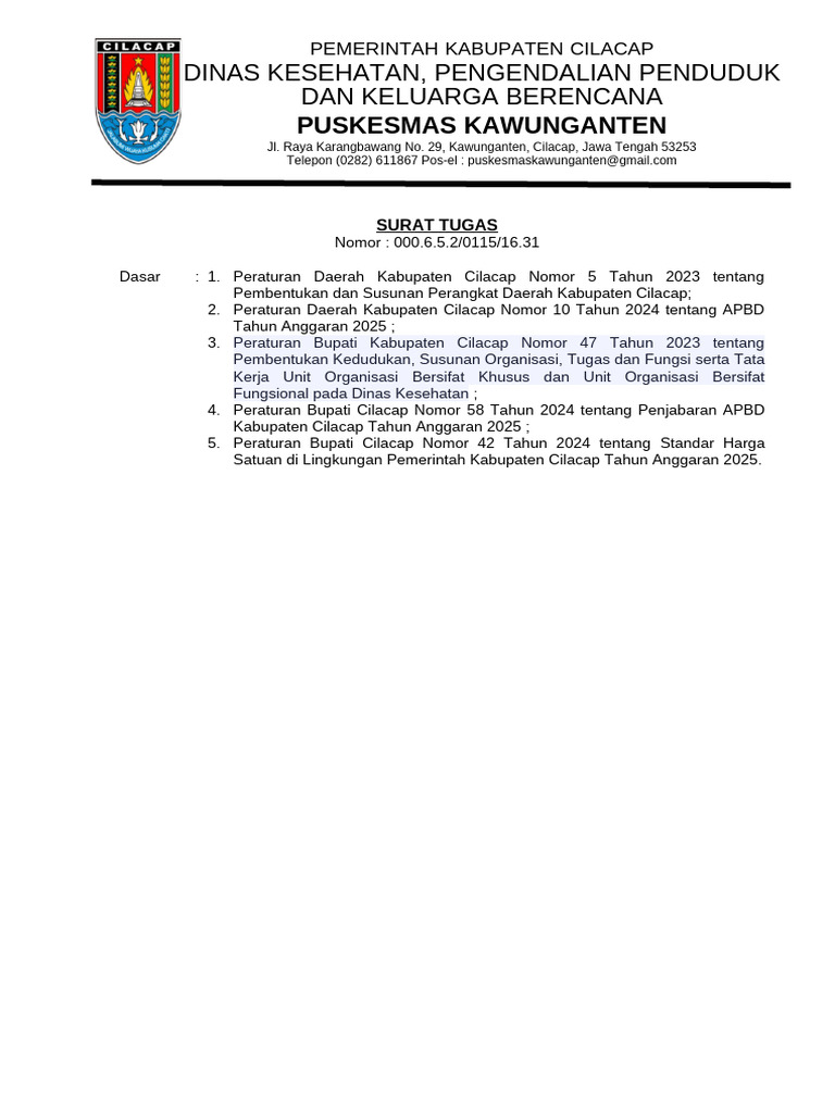Surat Tugas Puskesmas Kawunganten | PDF