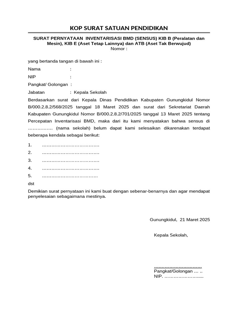 Surat Pernyataan Penyelesaian Sensus BMD-1 | PDF