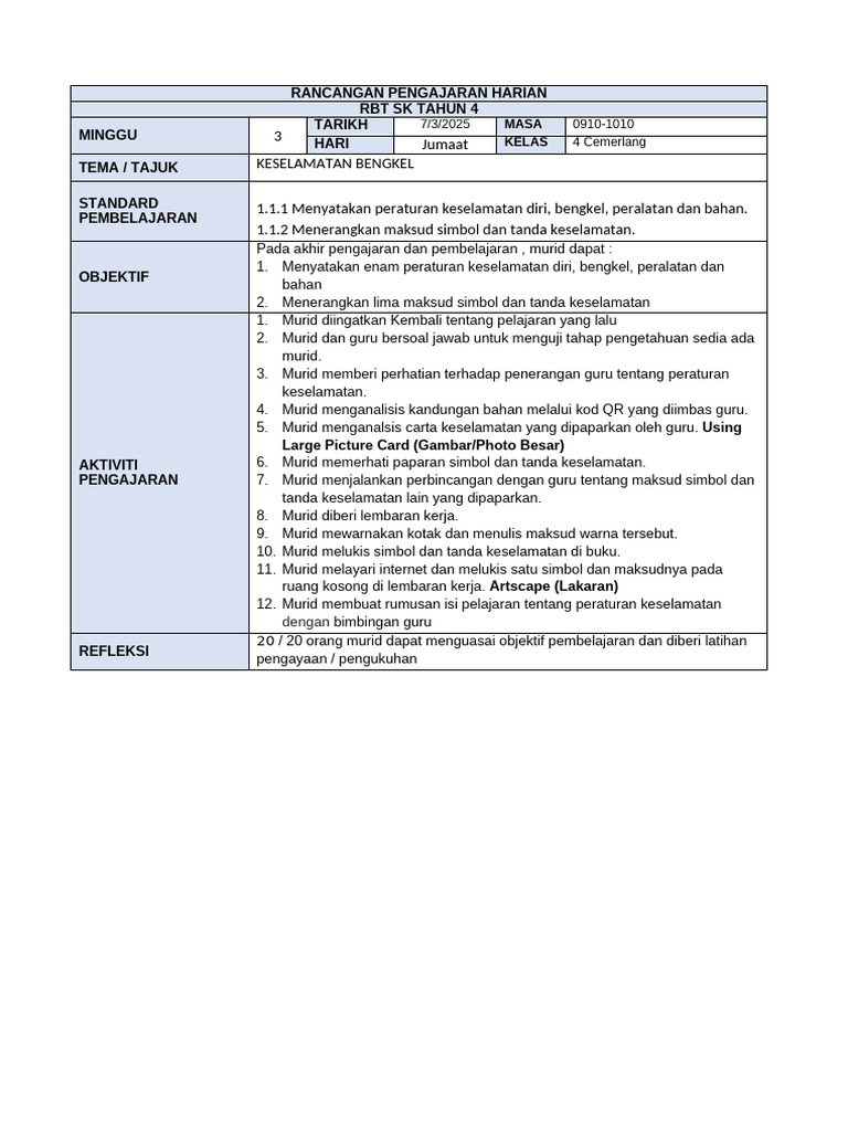 Minggu 3 - RPH RBT Tahun 4 | PDF