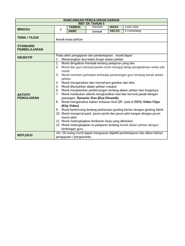 Minggu 3 - Rph Rbt Tahun 5 | PDF