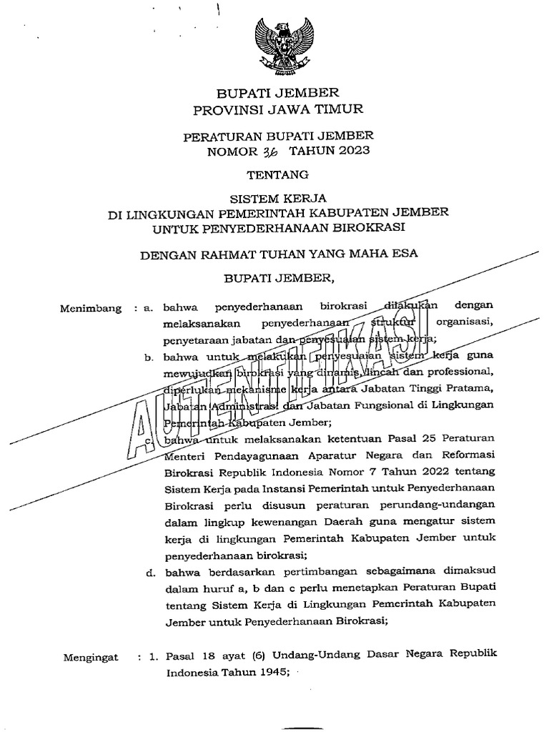 PERBUP NO 36 TH 2023 SISTEM KERJA DI LINGKUP KAB JBR UNTUK PENYERDERHANAAN BIROKRASI Terbaru | PDF