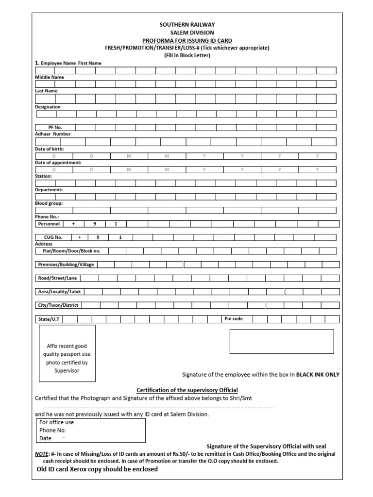 Southern Railway ID Card Proforma | PDF