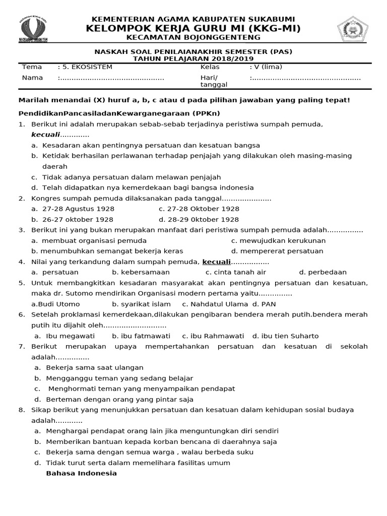 Naskah Soal Pas Kelas V Tema 5 | PDF
