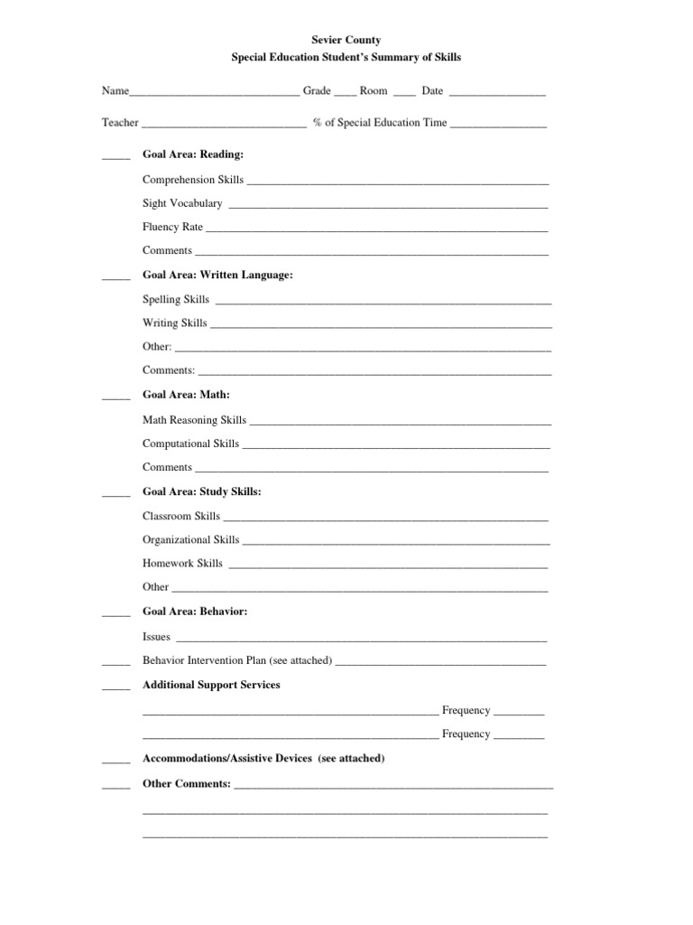 Special Education Skills Summary | PDF