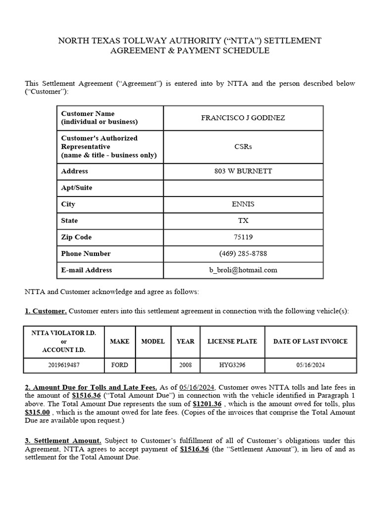 NTTA Settlement Agreement Overview | PDF | Toll Road | Fee
