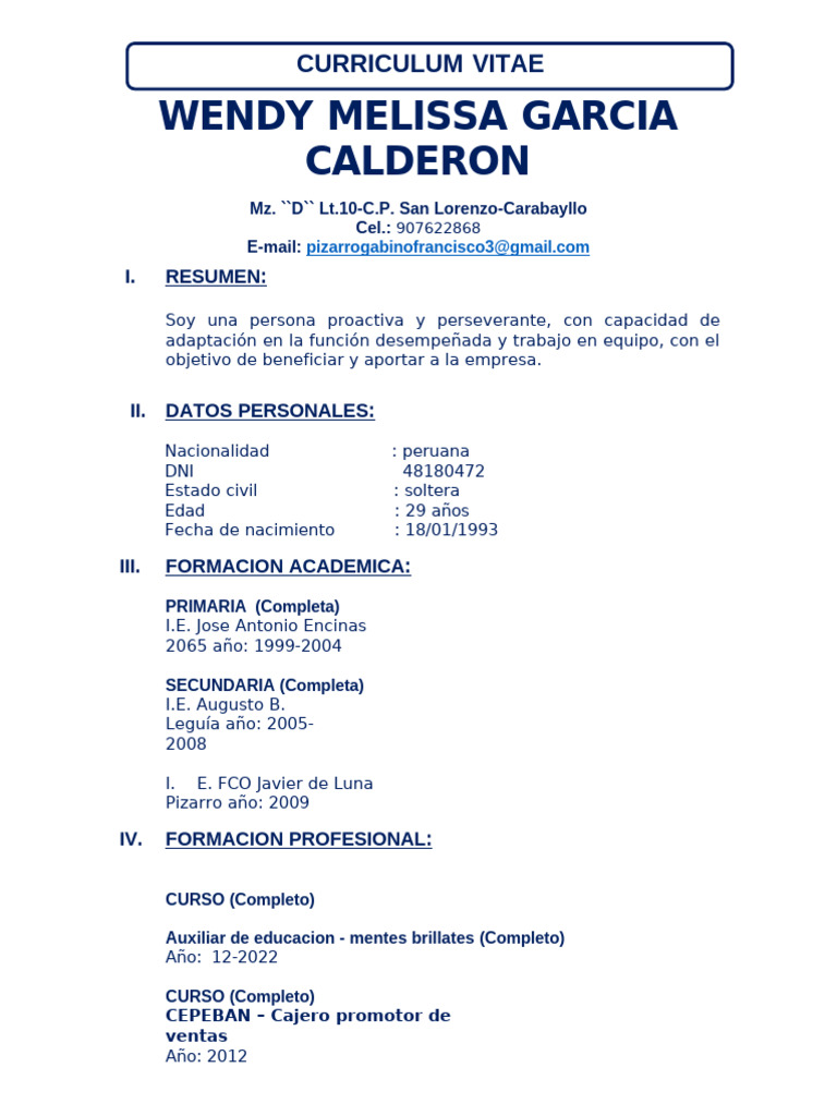 Currículo de Wendy Melissa García | PDF