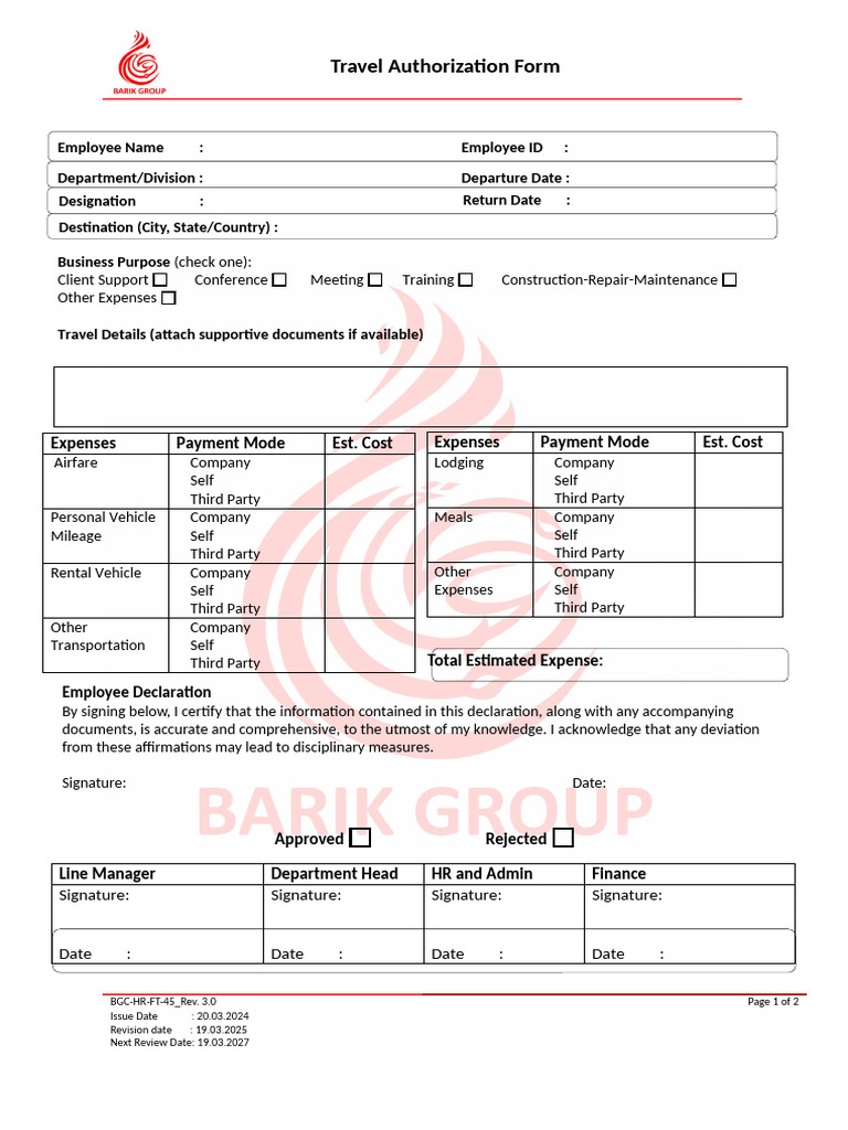 BGC-HR-FT-45 - Travel Authorization Form | PDF