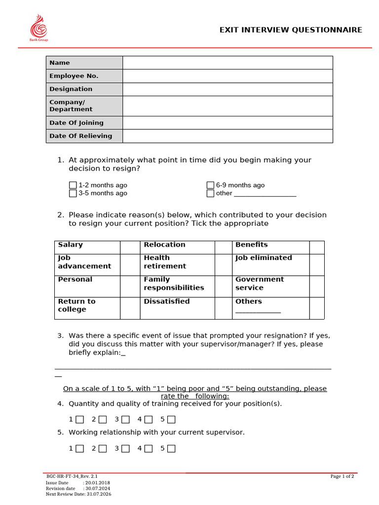BGC-HR-FT-34 - Exit Interview Questionnaire | PDF | Business | Employment