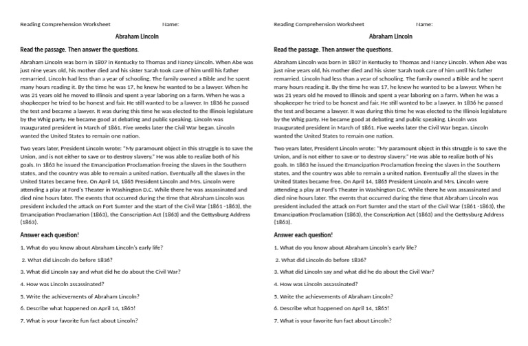 Reading Comprehension For Grade 6 Ujian Praktik | PDF | Abraham Lincoln ...
