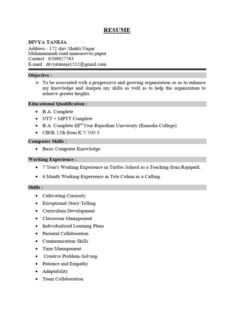 Divya Taneja 2 Page Resume | PDF | Learning | Behavior Modification