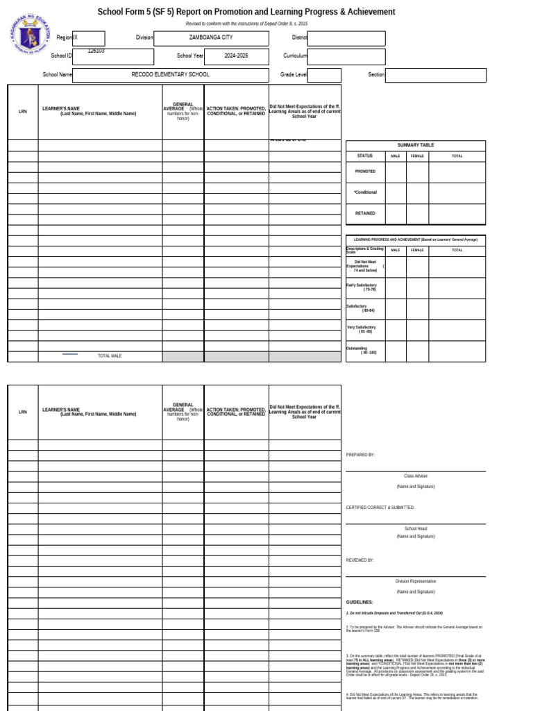 School Form 5 Report On Promotion and Learning Progress Achievement ...