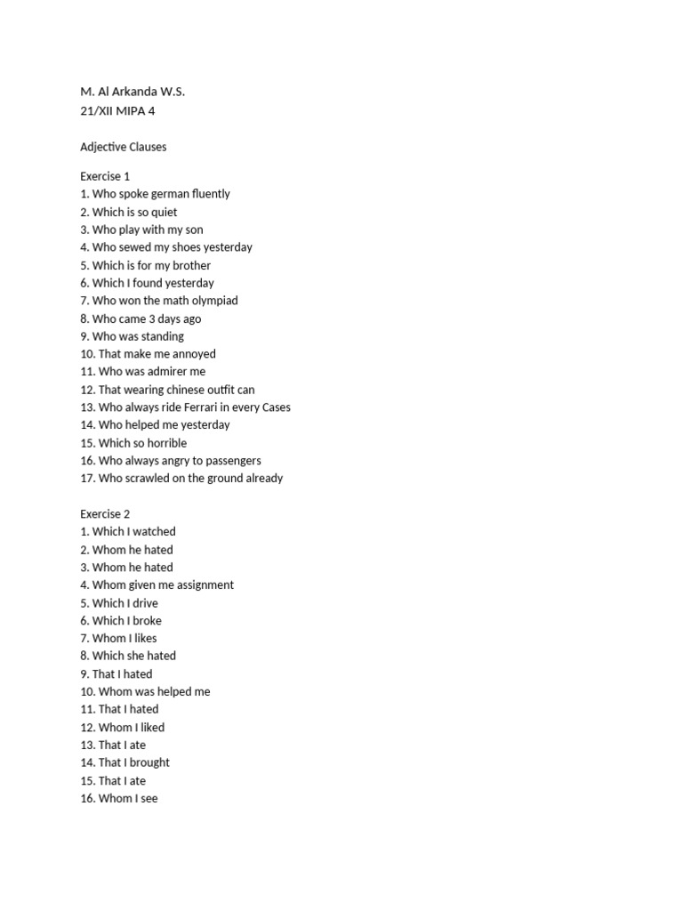 Adjective Clauses 1 - M Al Arkanda WS - 21 - XII MIPA 4 | PDF