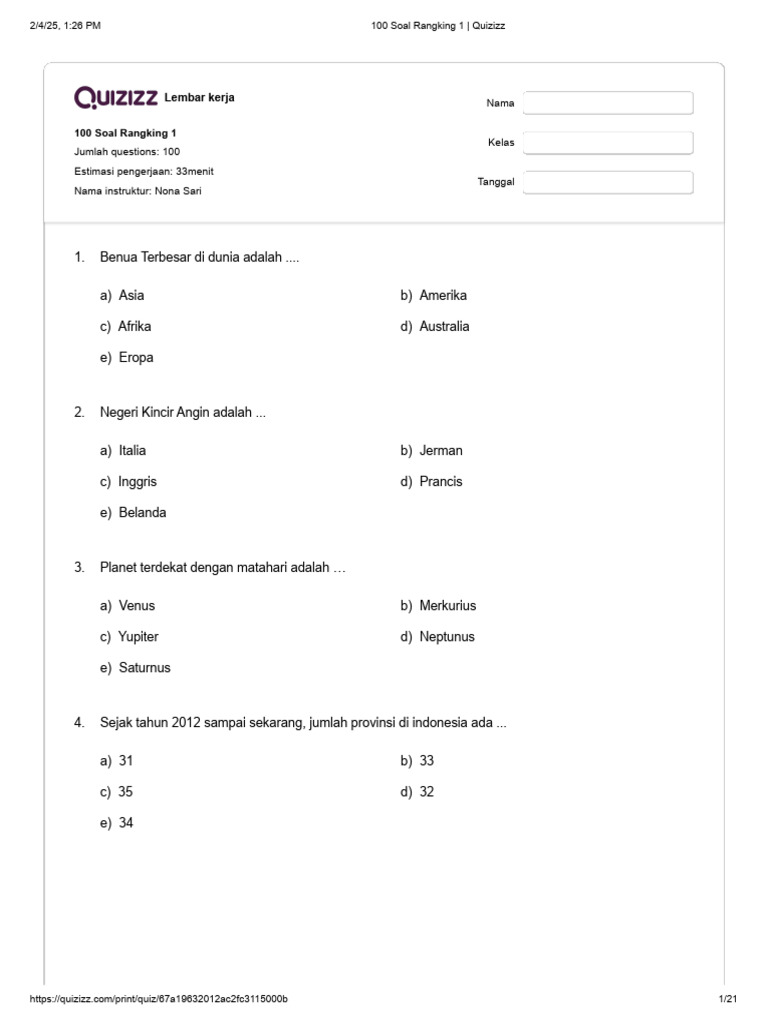 100 Soal Rangking 1 - Quizizz | PDF