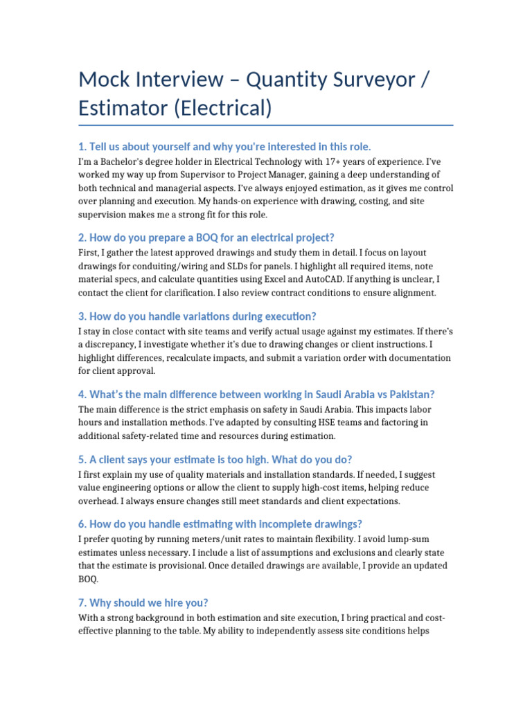 Mock Interview For Electrical Estimator | PDF | Business