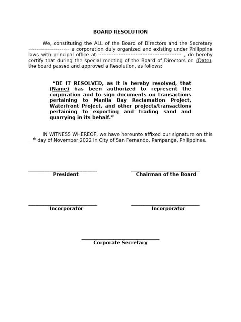Board Reso and Sec Cert (Template) | PDF | Companies | Justice