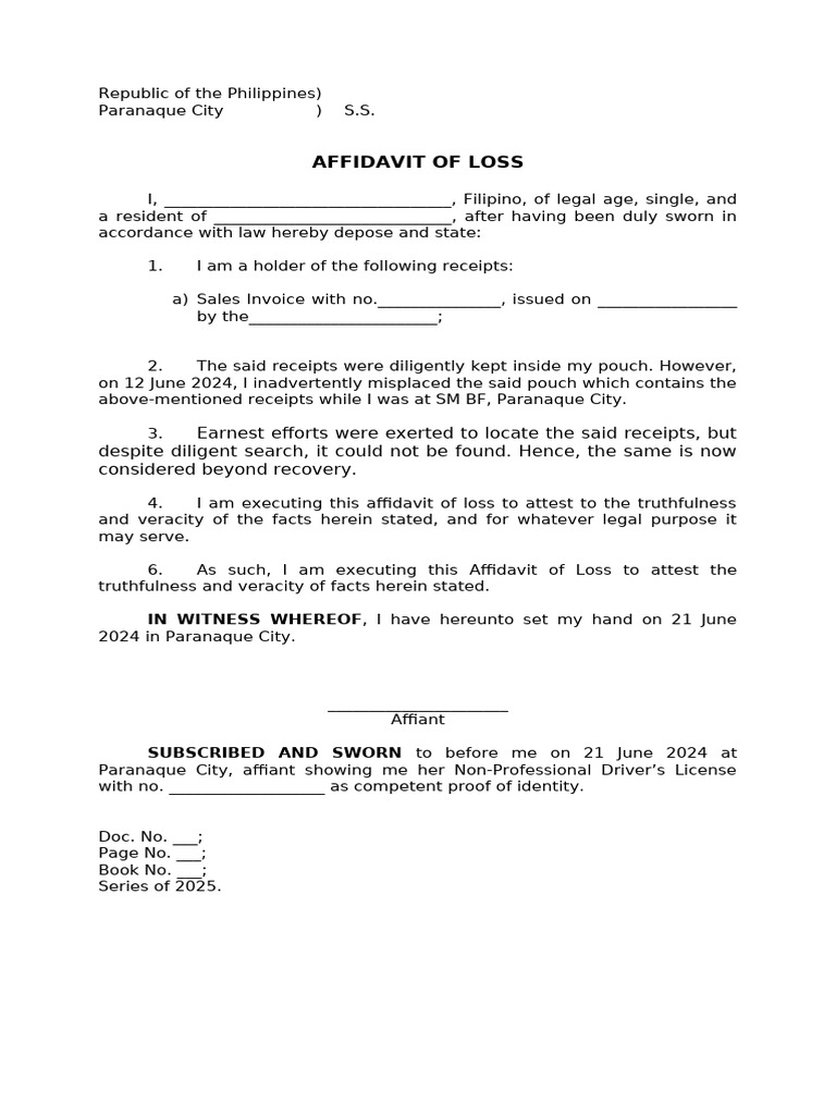 Affidavit of Loss Template Philippines | PDF