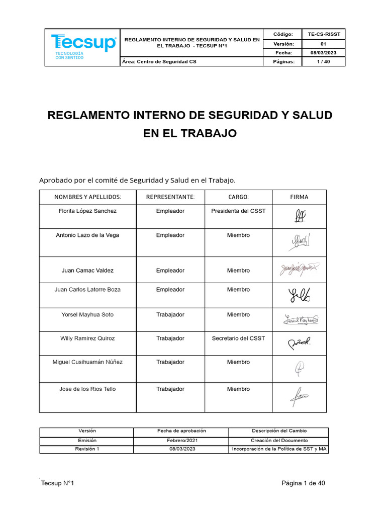 REGLAMENTO INTERNO DE SEGURIDAD Y SALUD EN EL TRABAJO - Tecsup N°1 Rev.01 | PDF | Seguridad y ...