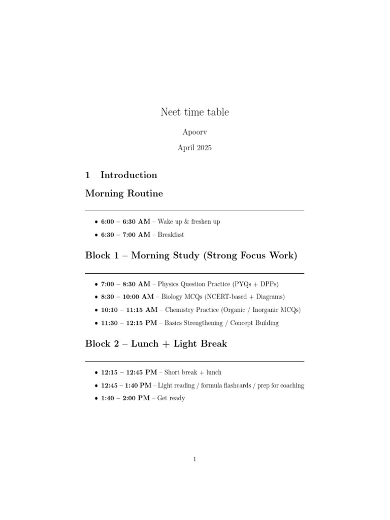 Neet Time Table | PDF
