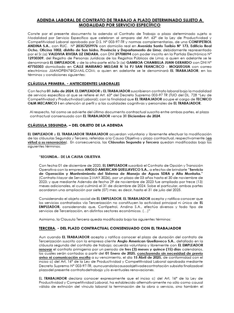 Adenda - GAMBOA CHAMBILLA JUAN GERARDO | PDF | Outsourcing | Derecho ...