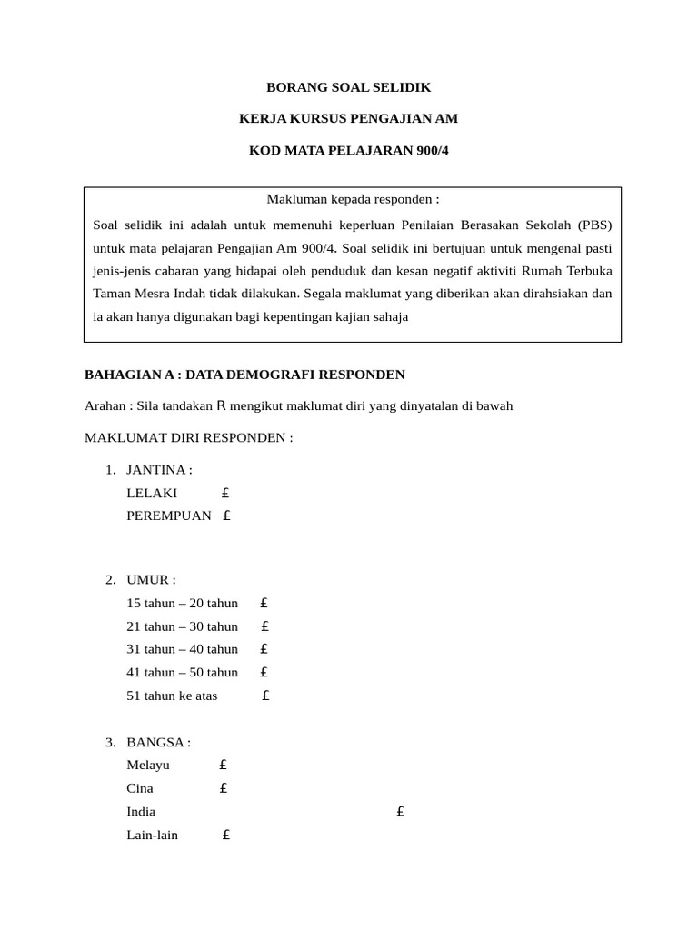 Borang Soal Selidik KK Pam | PDF