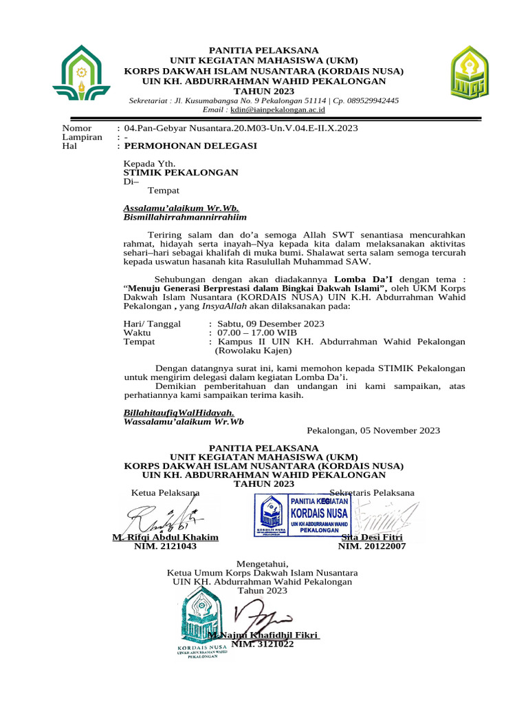 Permohonan Delegasi Lomba Da'i univ scan ttd | PDF