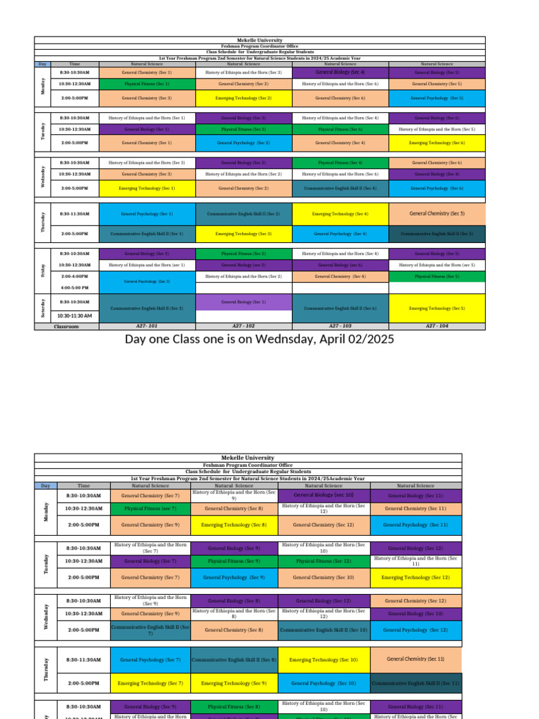 2024/25 1st Year Natural Science Schedule | PDF | Academic Term | Science