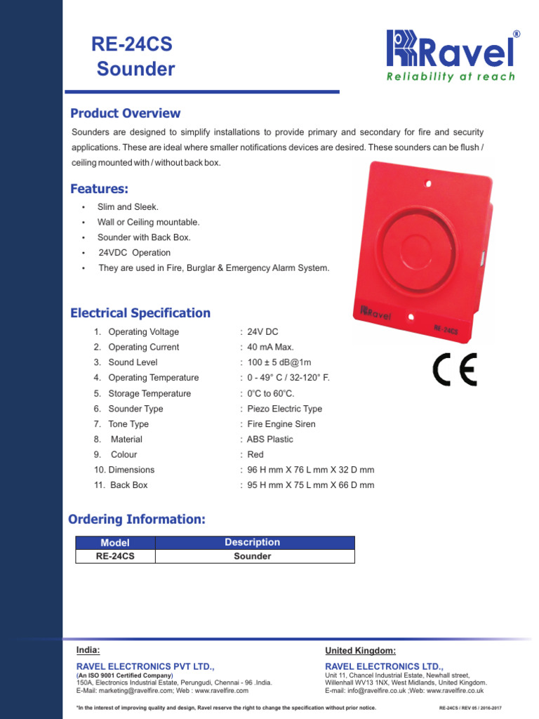 RE-24CS - Wall Mounted Sounder | PDF | Electronics | Electrical Components