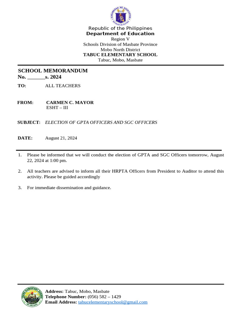 SCHOOL MEMORANDUM GPTA Election | PDF