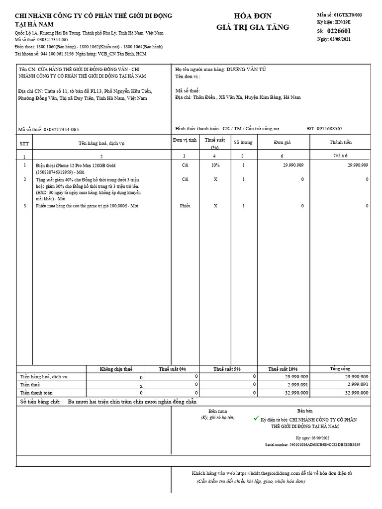 HÓA N Giá TR Gia T NG: Chi Nhánh Công Ty C PH NTH GI IDI NG T I Hà Nam | PDF