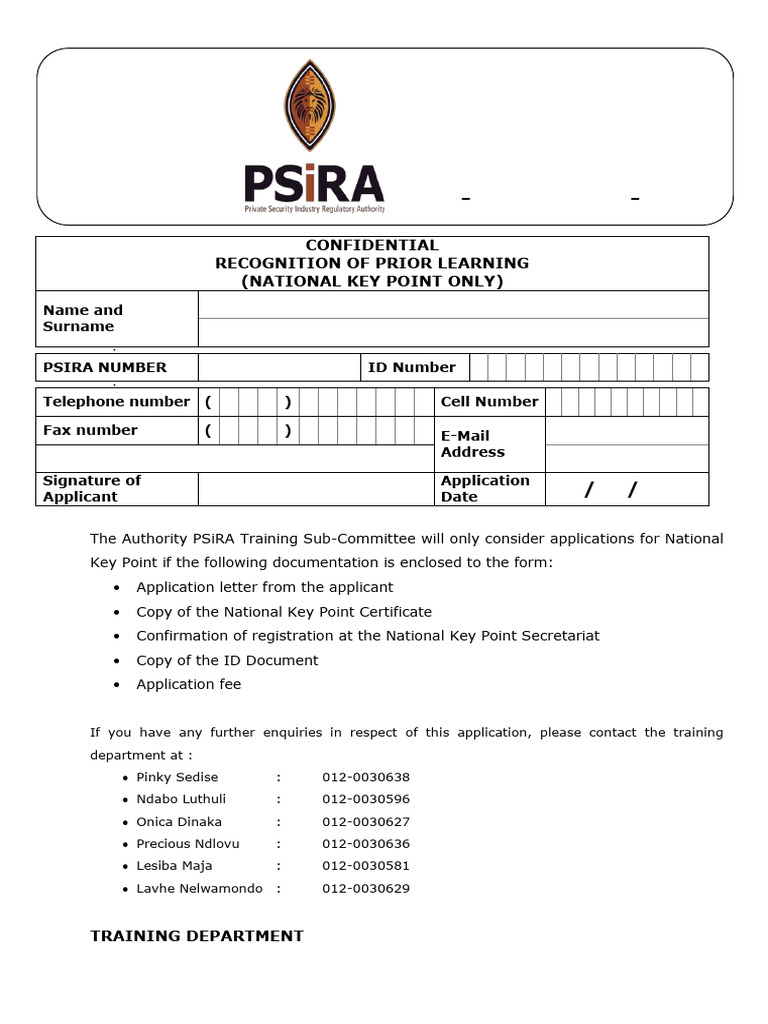 PSIRA National Key Point RPL Form | PDF