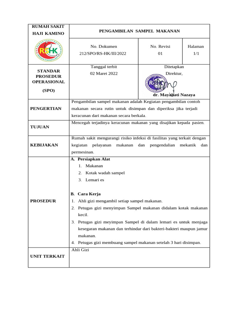 Prosedur Pengambilan Sampel Makanan RS Haji Kamino | PDF