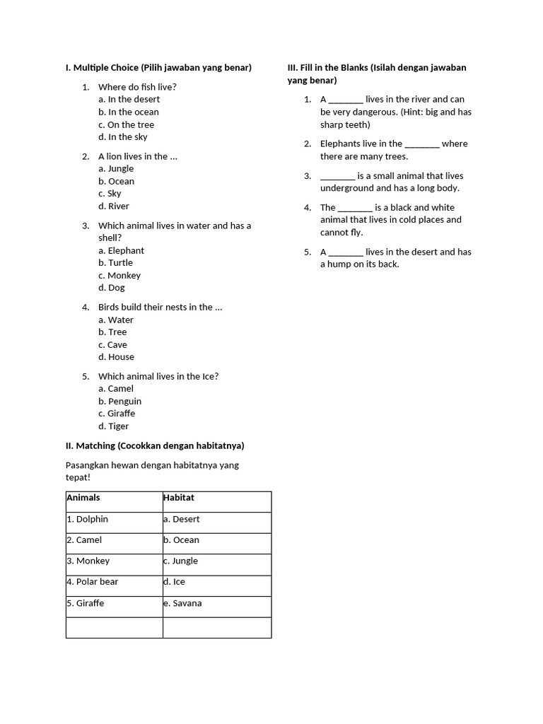 Animals and Habitat Worksheet | PDF