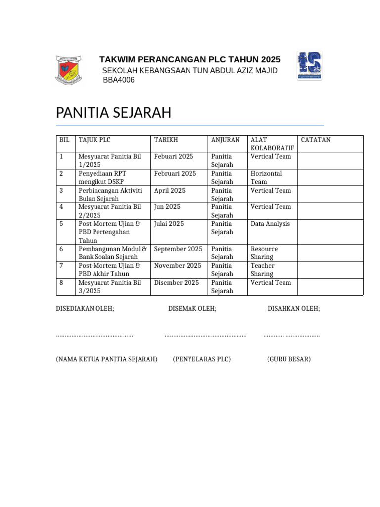 TAKWIM_PERANCANGAN_PLC_SEJARAH_2025 | PDF
