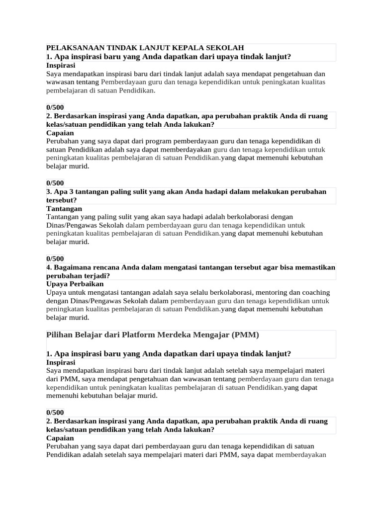 Contoh Isian Refleksi Tindak Lanjut Kepala Sekolah | PDF