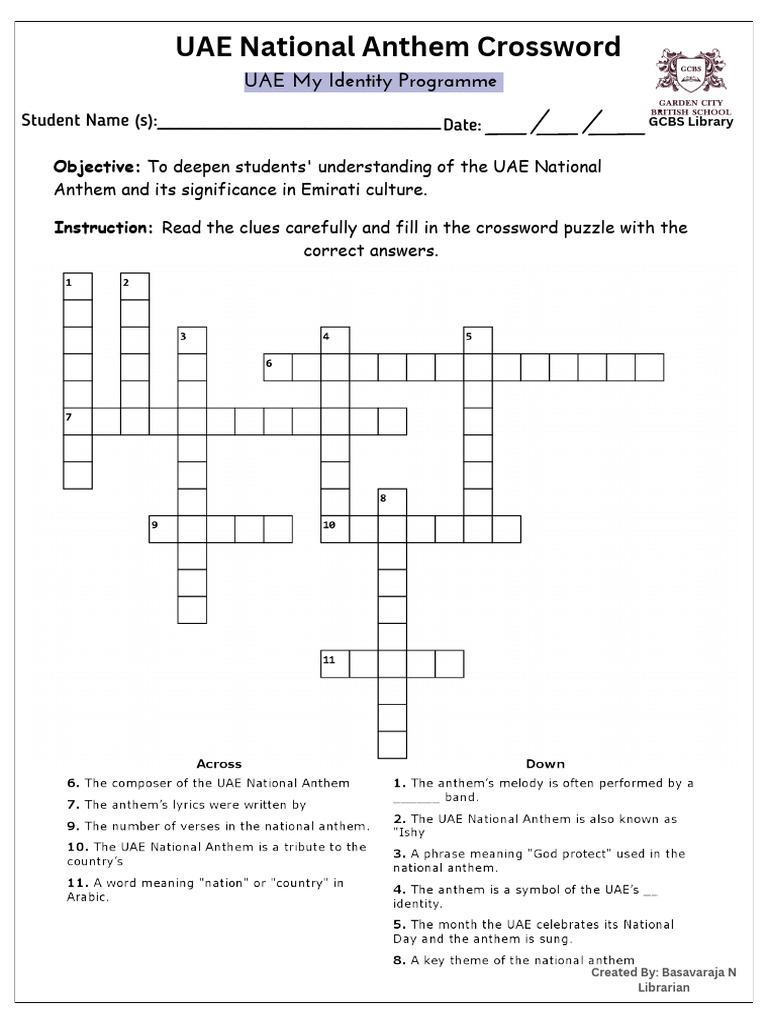 UAE National Anthem Crossword Activity | PDF