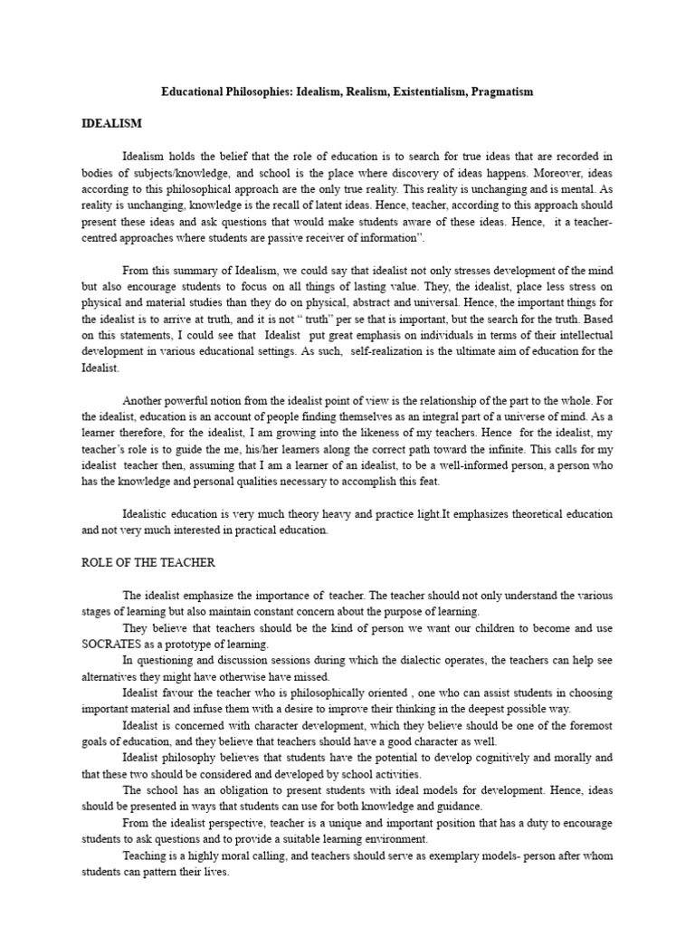 Philosophies Idealism Realism Existentialism Pragmatism | PDF | Idealism | Philosophy Of Education