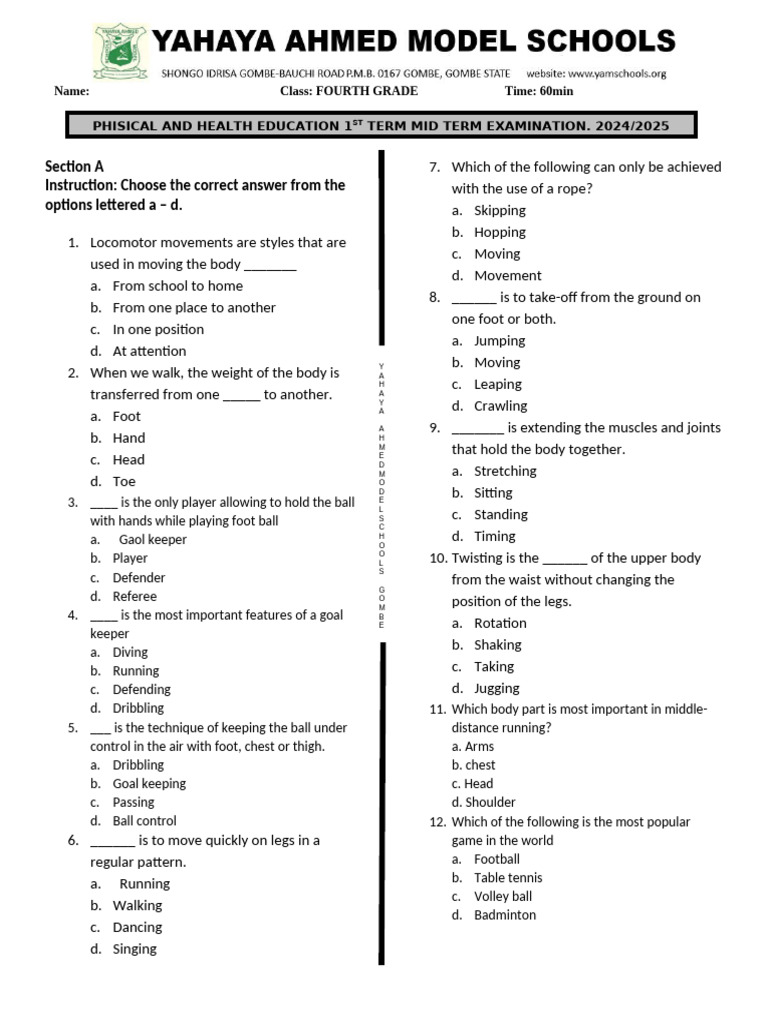 Class 4 Physical Education Exam 2024 | PDF | Running | Athletic Sports