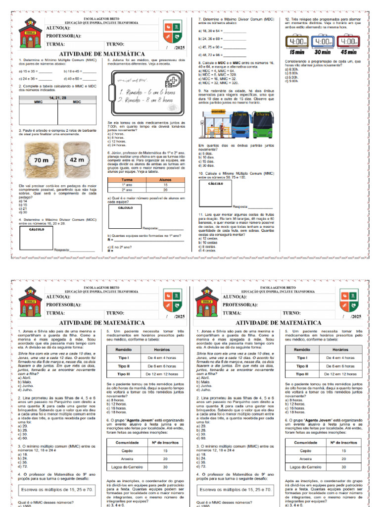 MMC e MDC - Exercícios de Fixação | PDF