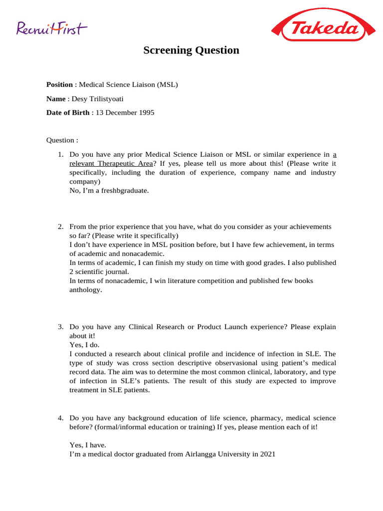 Screening Question Takeda - Medical Science Liaison | PDF | Regulatory ...