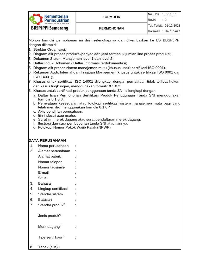 Formulir Permohonan Sertifikasi ISO 9001 dan 14001 | PDF