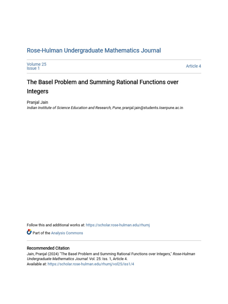 Basel Problem and Rational Functions | PDF | Mathematics | Mathematical ...