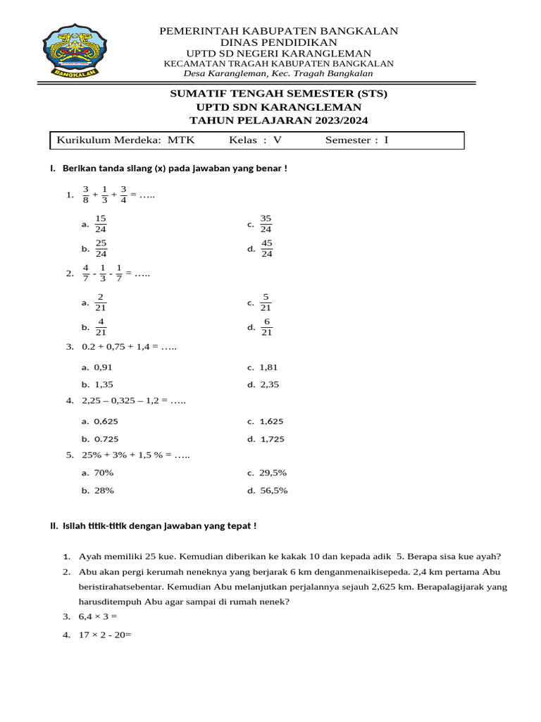 Pts MTK Kls 5 Ganjil | PDF