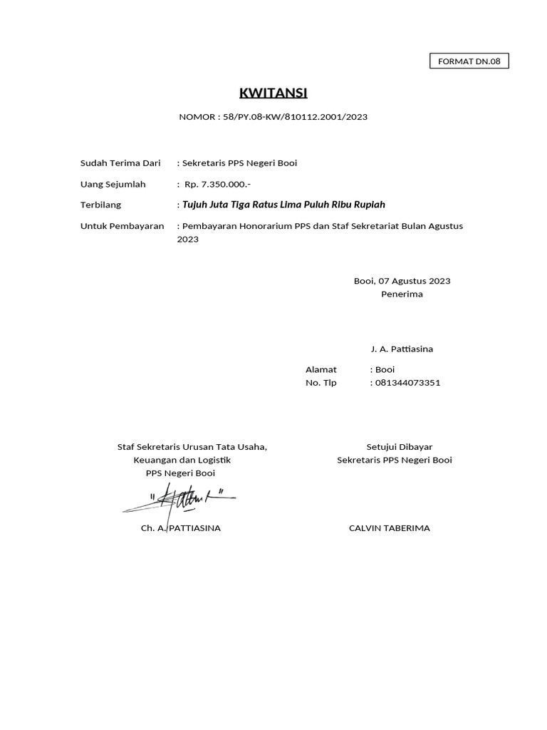 Kwitansi Pembayaran PPS Agustus 2023 | PDF