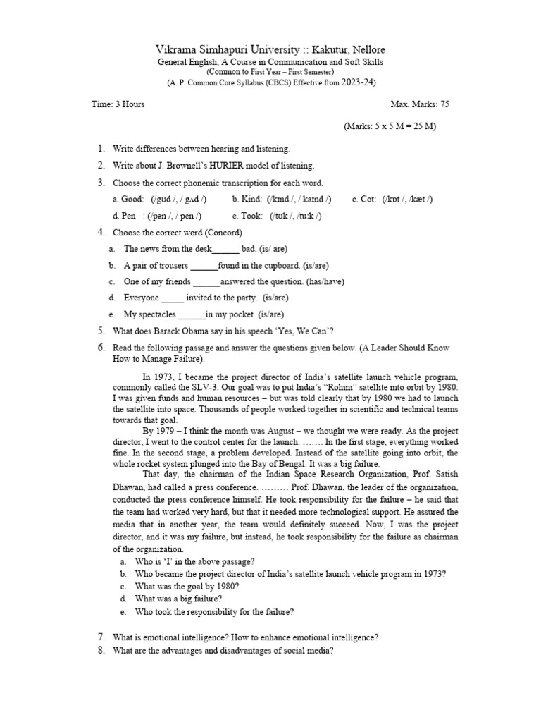 General English Model Question Paper 2023 | PDF | Linguistics