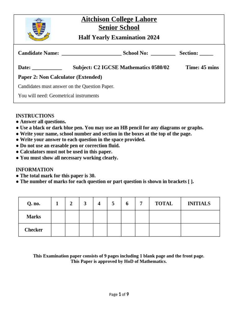 RETAKE C2 P2 IGCSE MATHS 2024 WITHOUT CALCULATOR | PDF | Mathematics