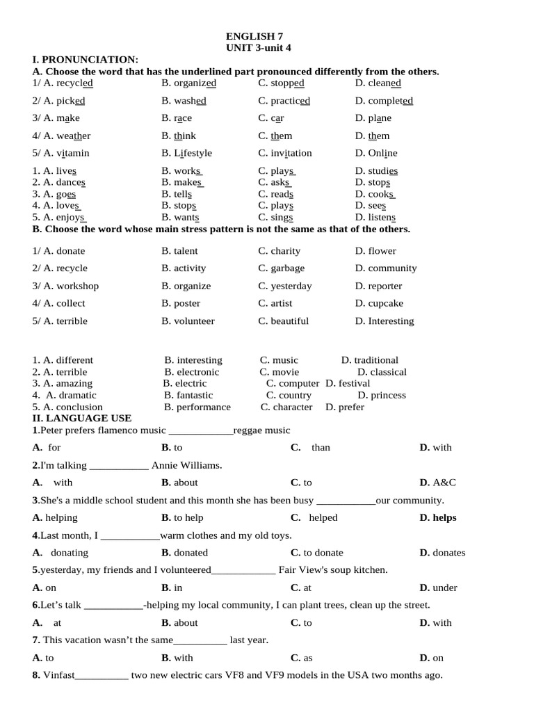 Anh 7 - Unit 3 de Cuong On | PDF | Vitamin
