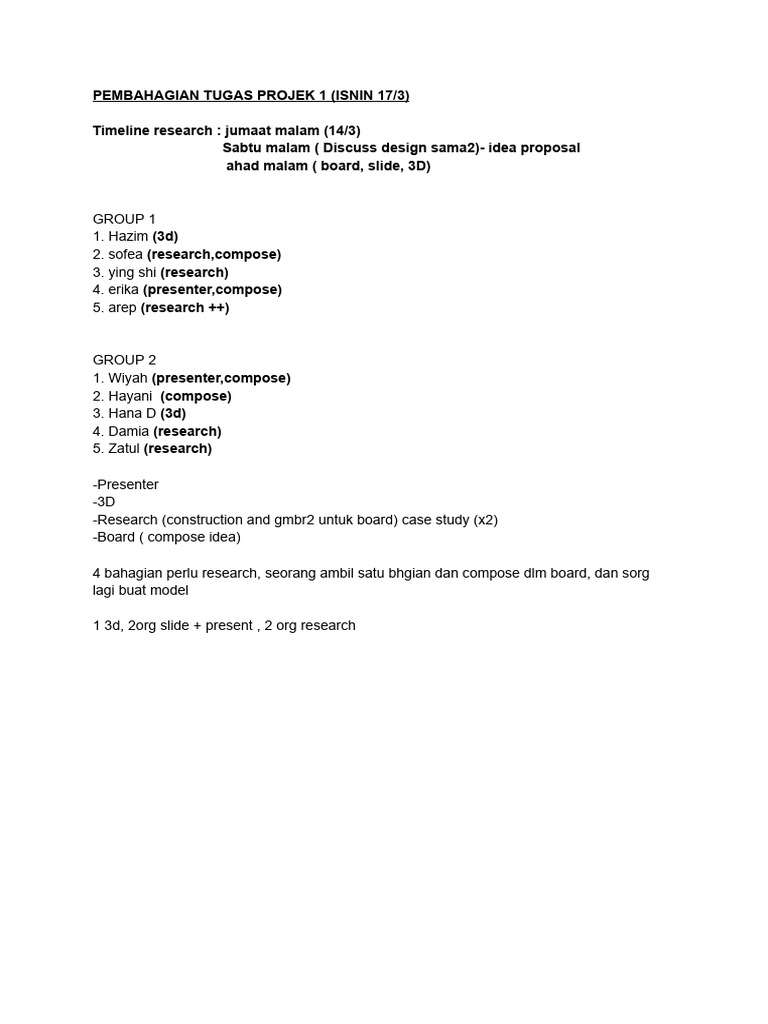 Pembahagian Tugas Projek 1 (Isnin 17 - 3) | PDF
